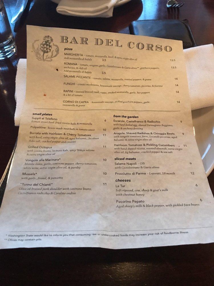 Menu at Bar del Corso, Seattle
