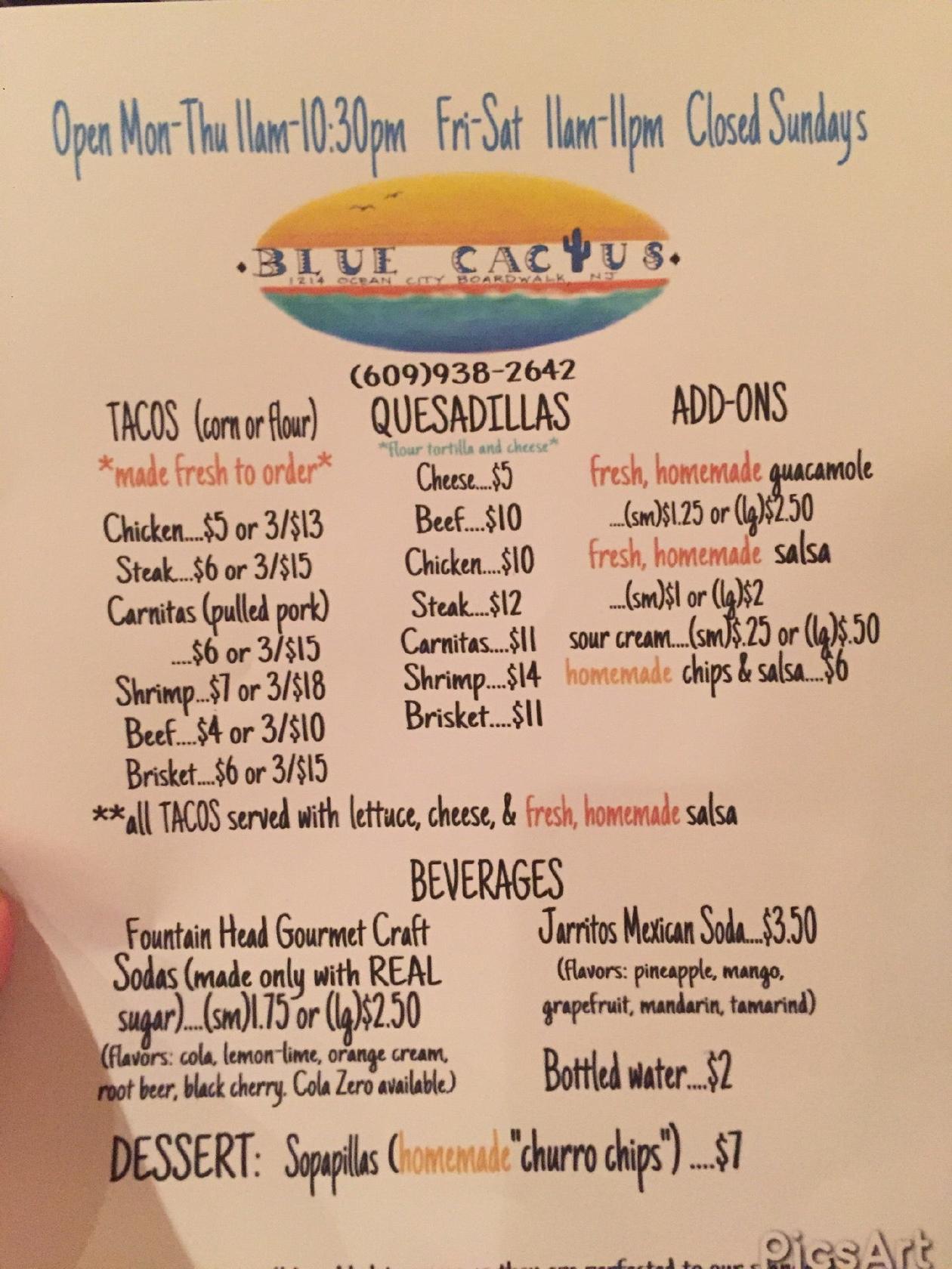 Menu at Blue Cactus Taco Shop restaurant, Ocean City, Boardwalk