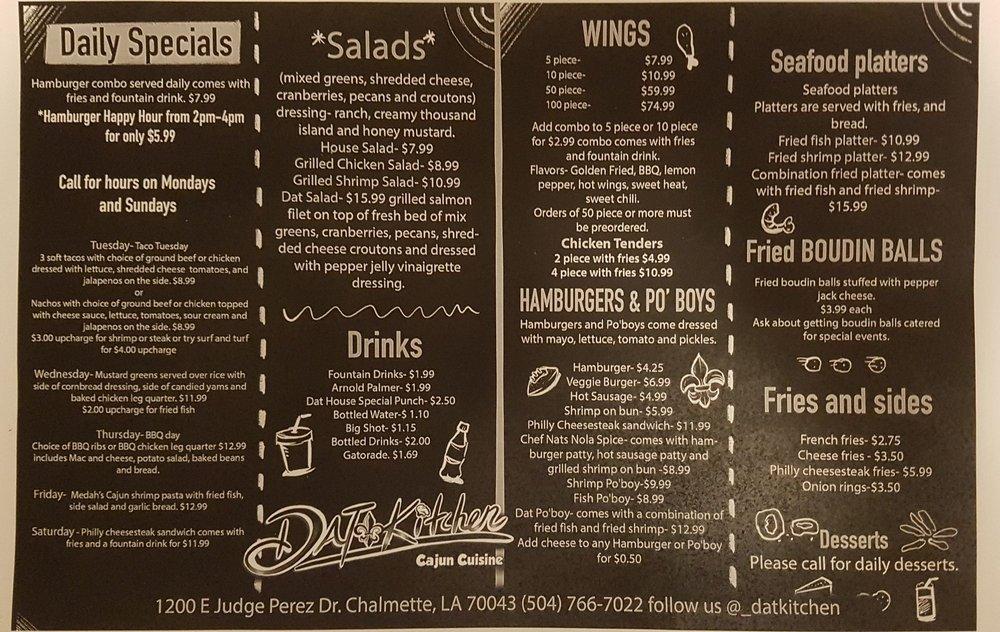 Menu at Dat Kitchen restaurant, Chalmette