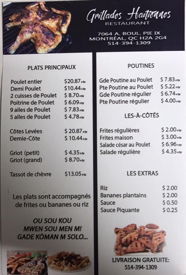 Menu at Grillade Haitienne restaurant, Montréal