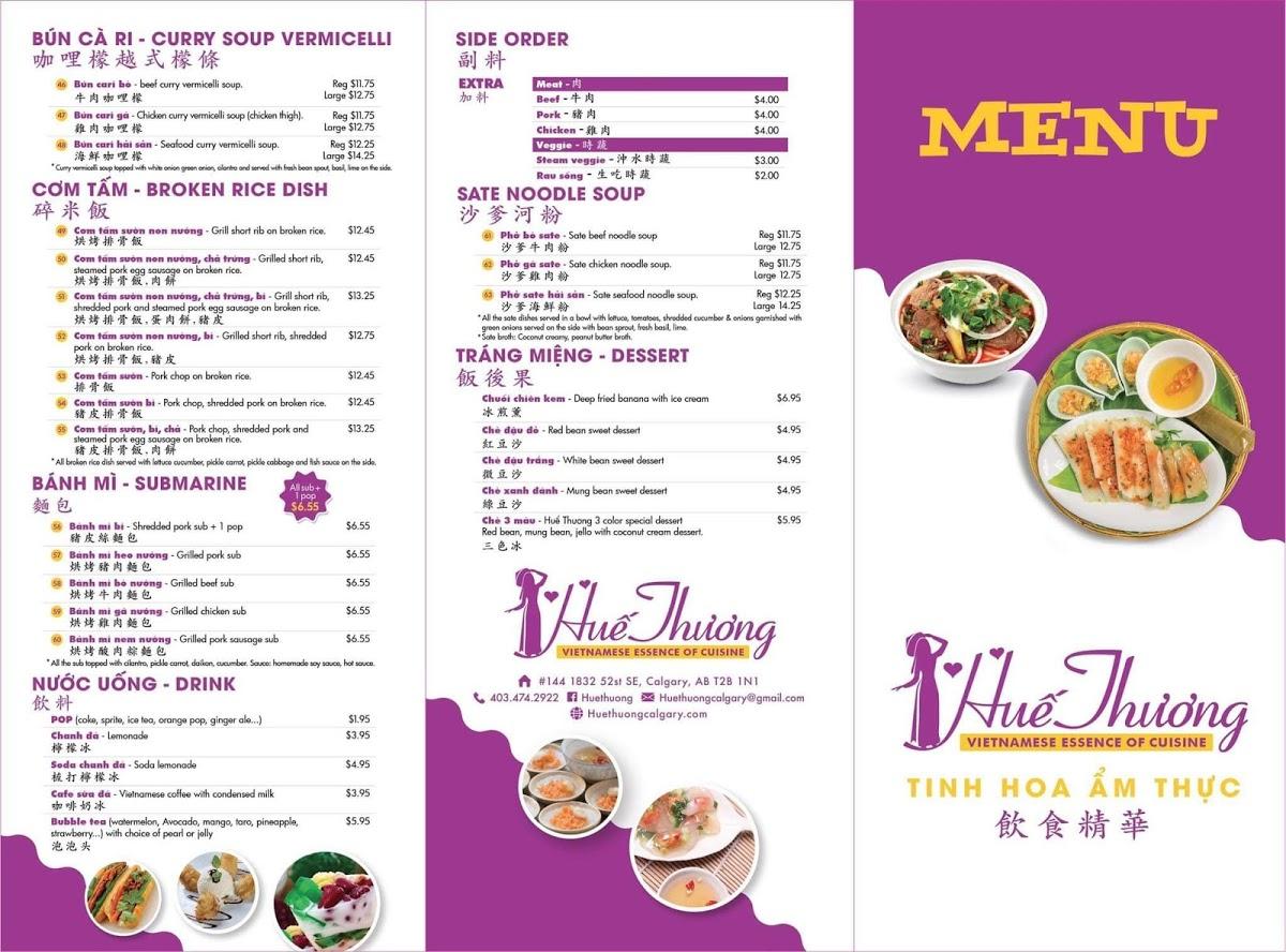 Menu at Hue Thuong Restaurant, Calgary