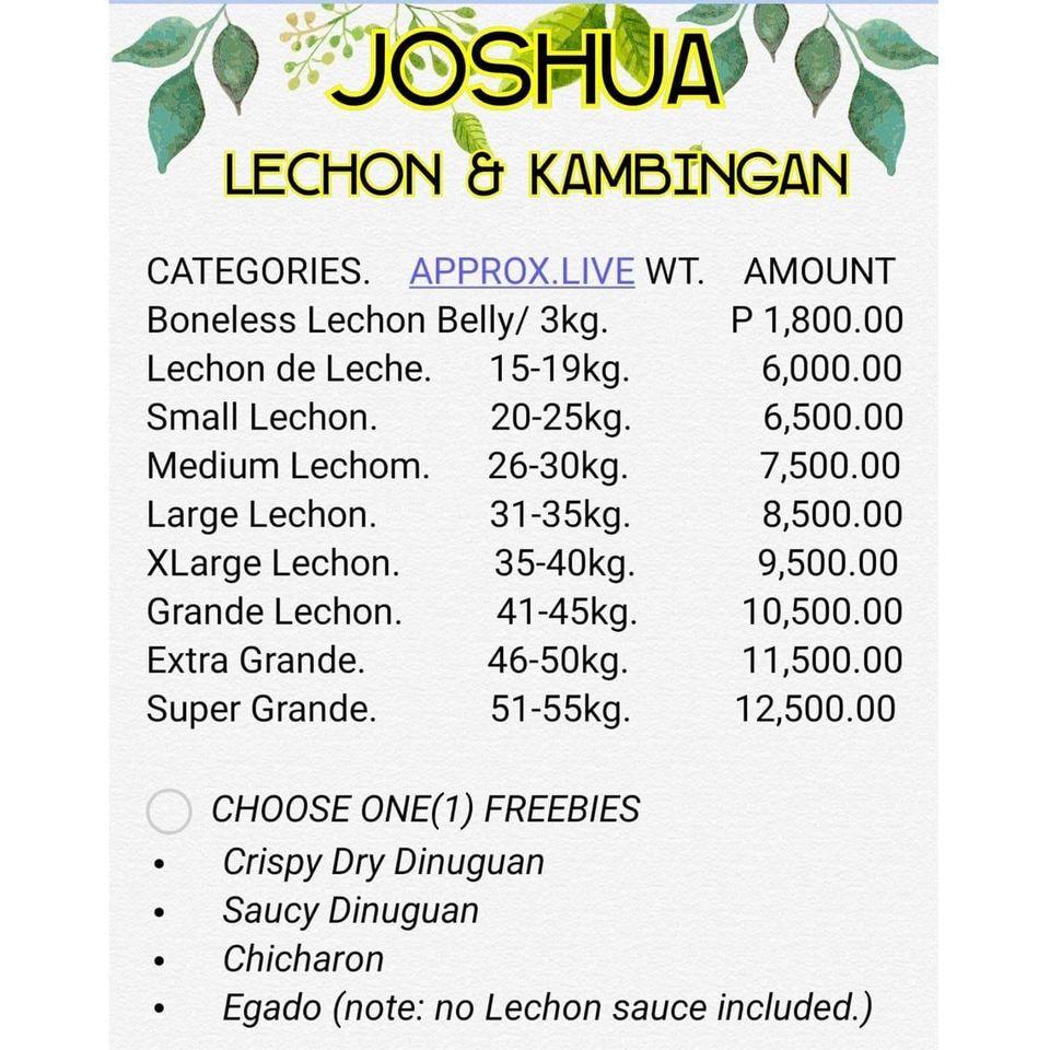 Menu at Joshua Lechon and Kambingan restaurant, Calasiao