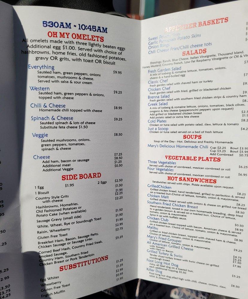Menu at Mary's Southern Grill restaurant, Young Harris