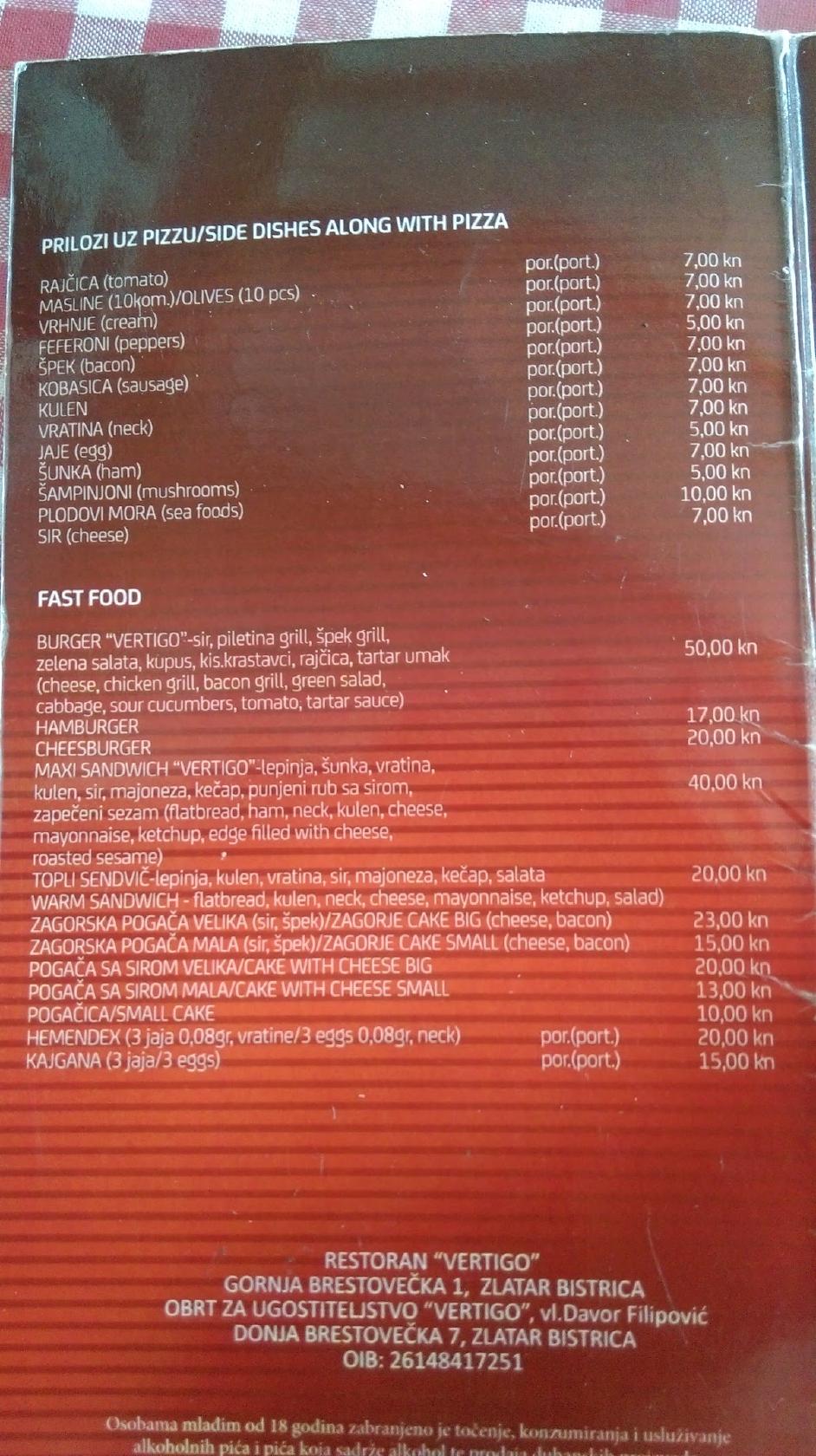 Menu at Restoran "Vertigo" restaurant, Zlatar Bistrica