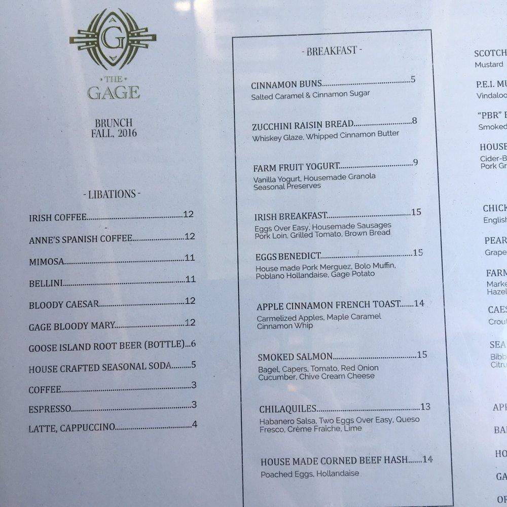 Menu at The Gage pub & bar, Chicago