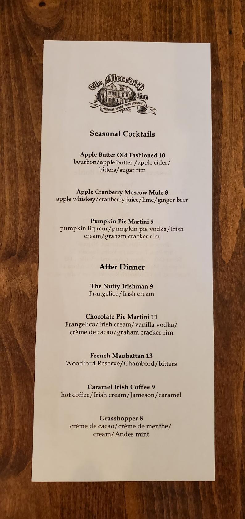 Menu at The Meredith Inn restaurant, Kittanning