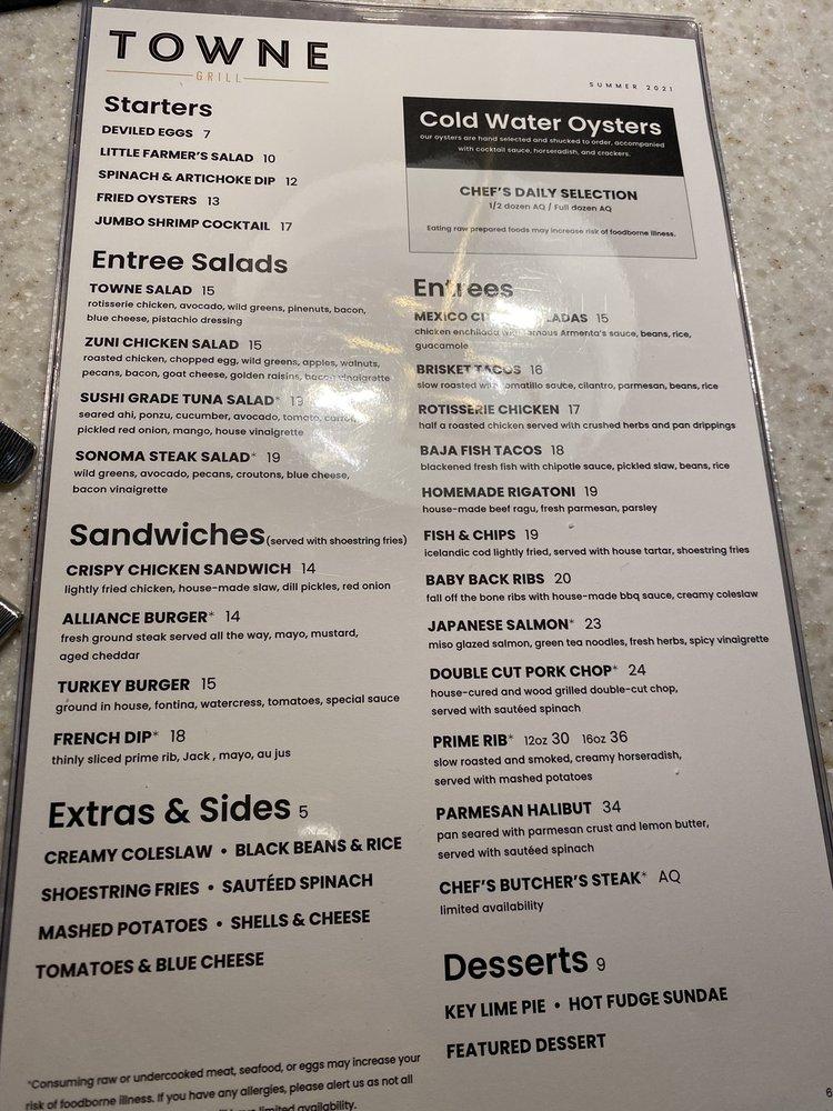 Menu at Towne Grill restaurant, Fort Worth