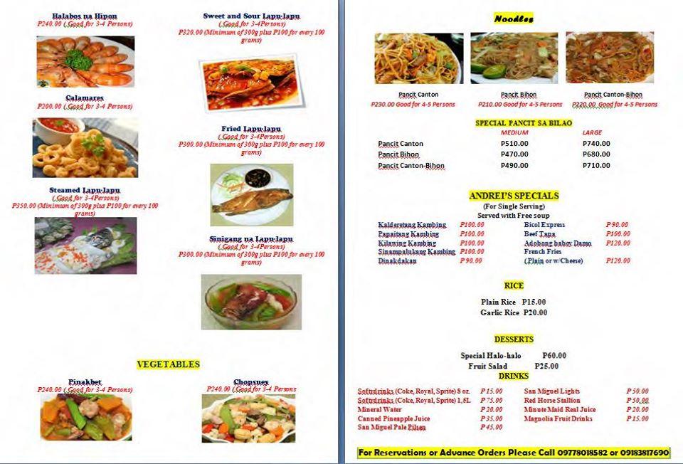 Menu at Andrei's Native Foods and Restaurant, Masinloc