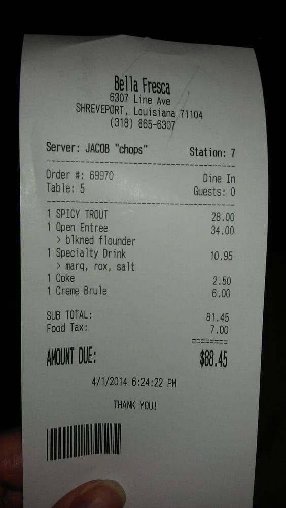 Menu at Bella Fresca restaurant, Shreveport, Line Ave