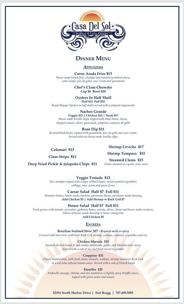 Menu at Casa Del Sol restaurant, Fort Bragg