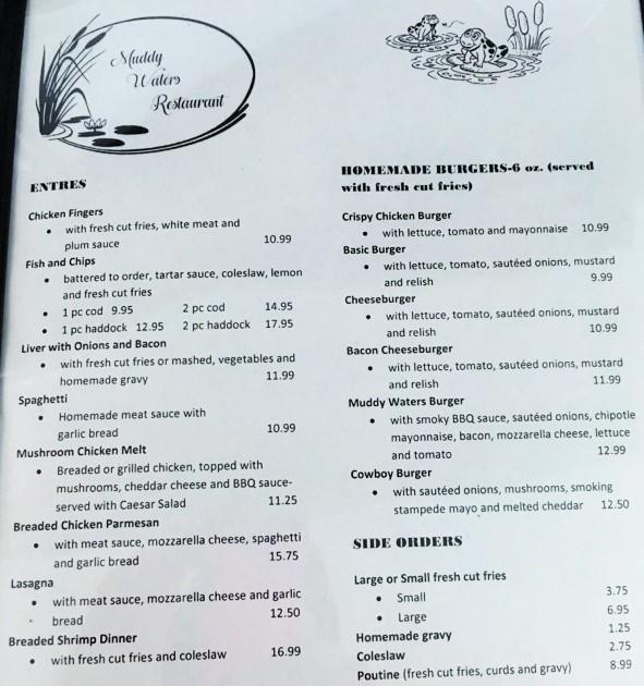 Menu at Muddy Waters Restaurant, Verona