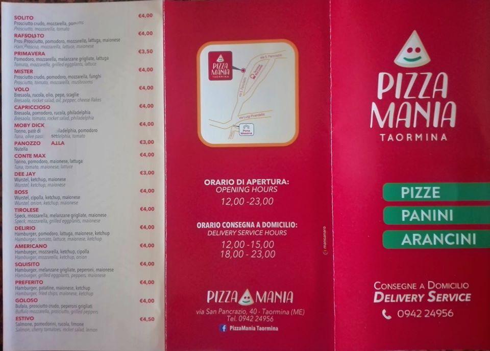 Menu at PizzaMania Taormina restaurant, Taormina