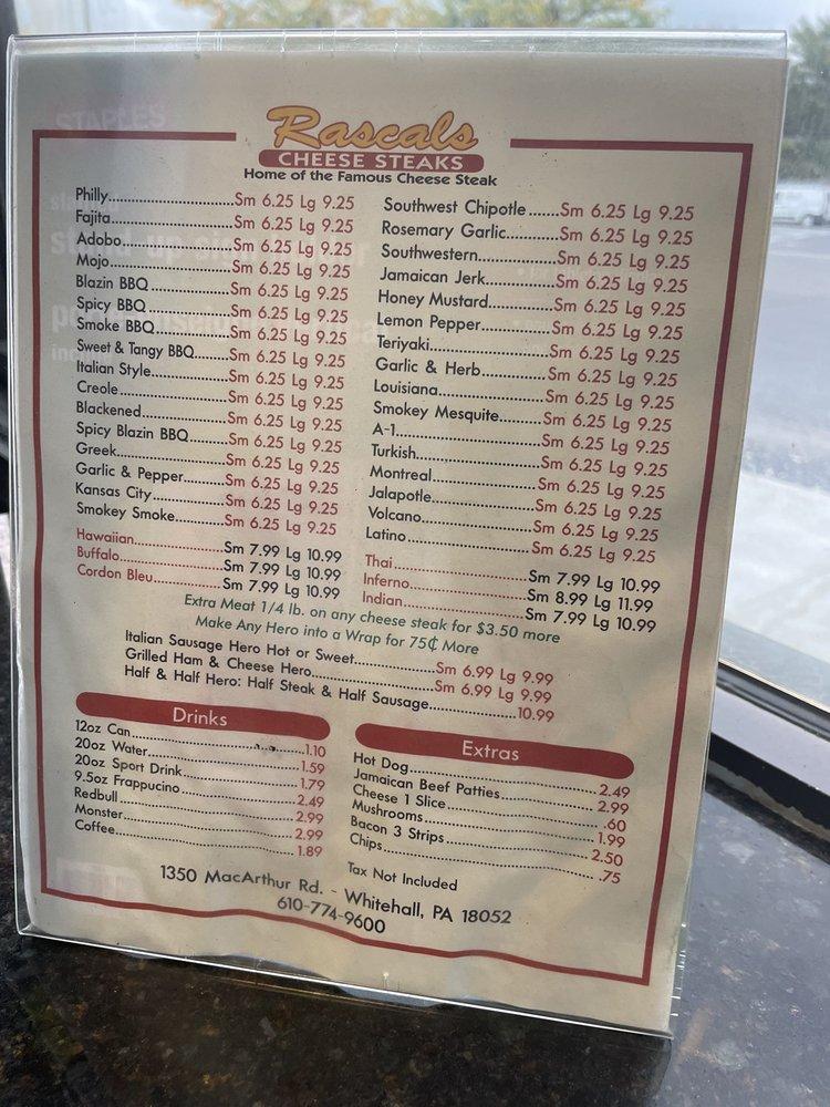 Menu at Rascals restaurant, Whitehall