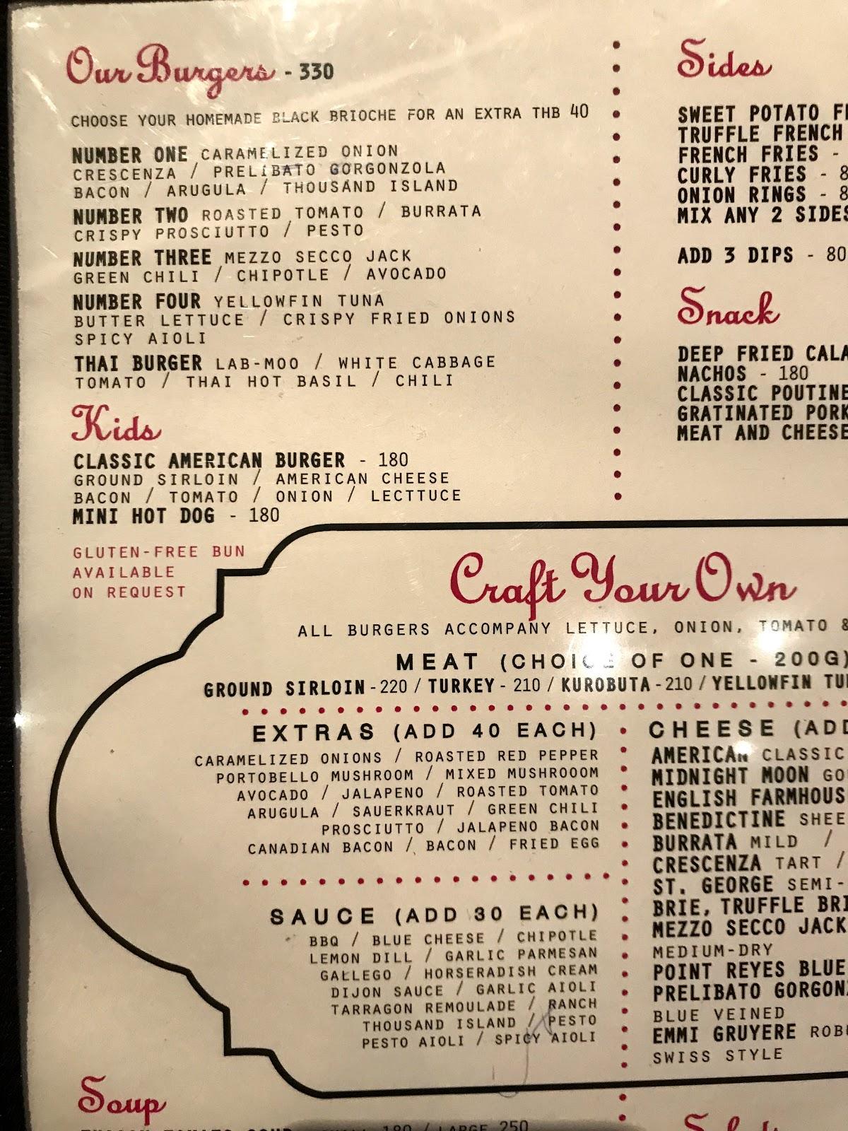 Menu at 25 Degrees Burger Bar, Bangkok