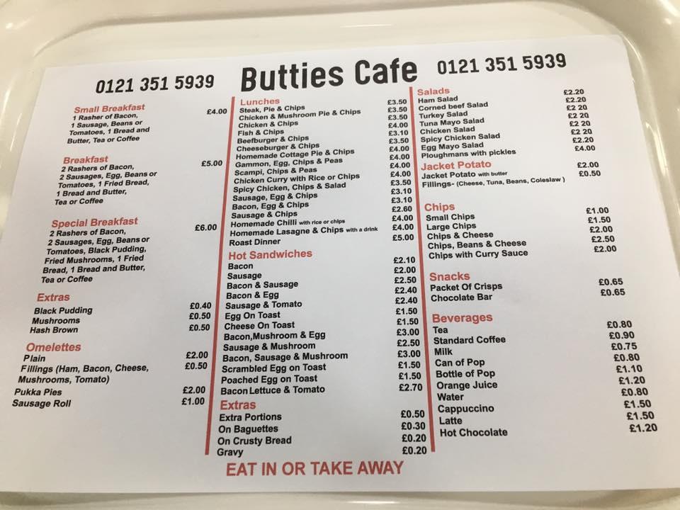 Menu at Butties Cafe, Birmingham