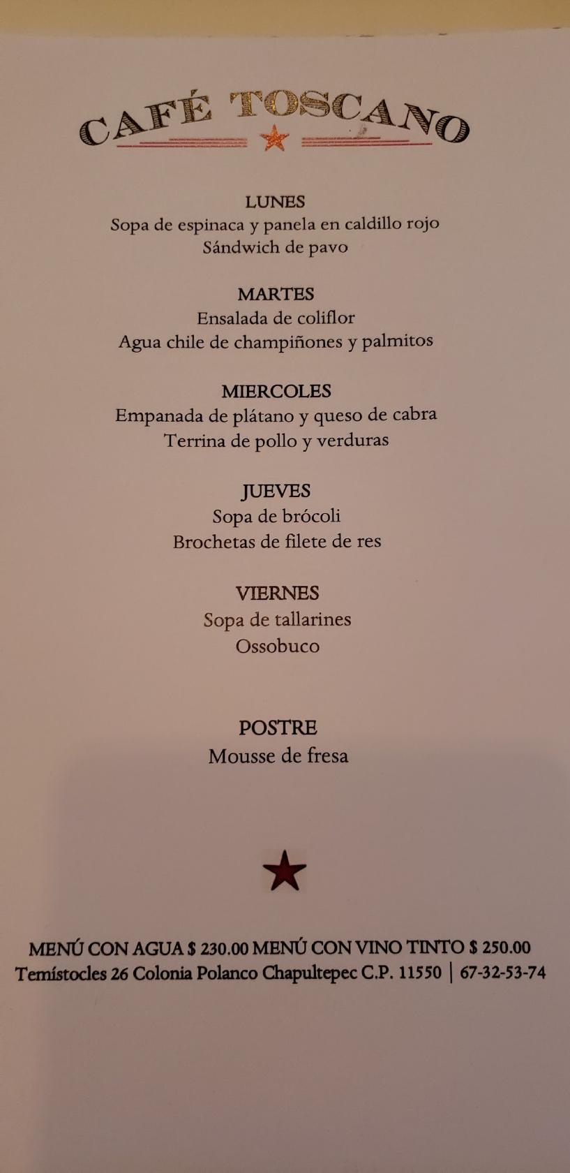 Carta de Café Toscano Polanco, Ciudad López Mateos, Temístocles 26 ...