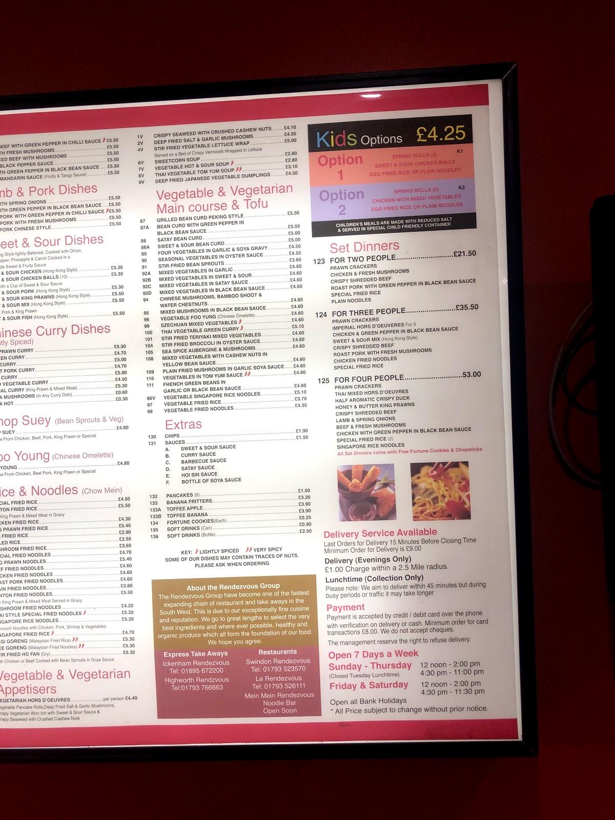 Menu at Ickenham Rendezvous restaurant, Uxbridge, 95 High Rd