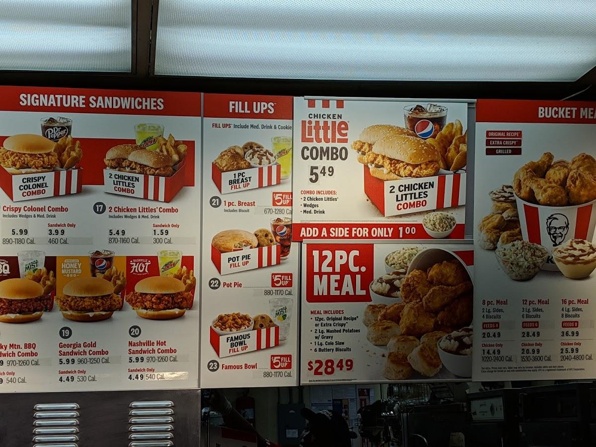 Menu at KFC fast food, Lenoir, 428 Blowing Rock Blvd
