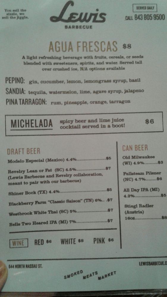 Menu at Lewis Barbecue Charleston, Charleston