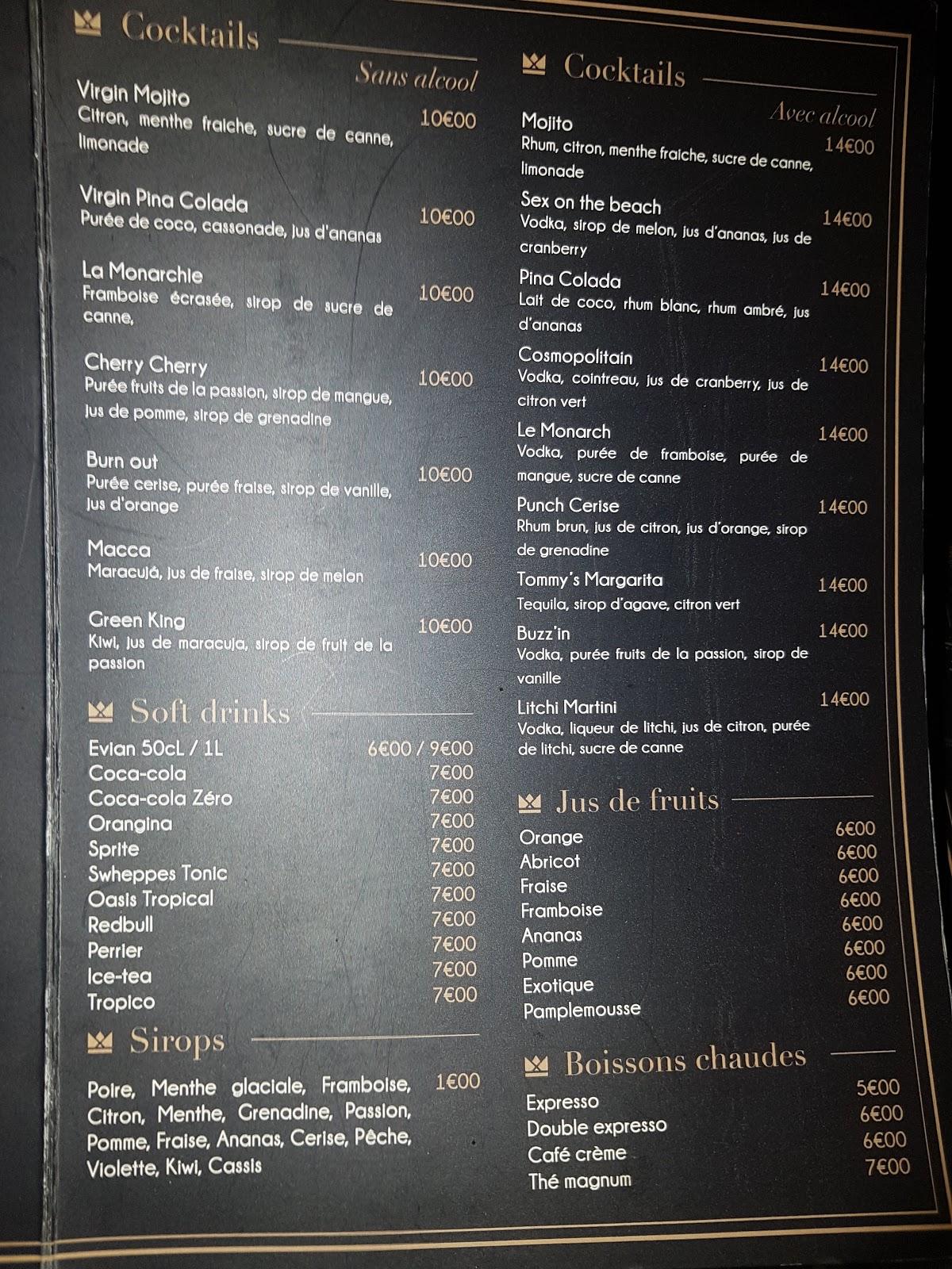 Menu at MONARCH restaurant, Colombes