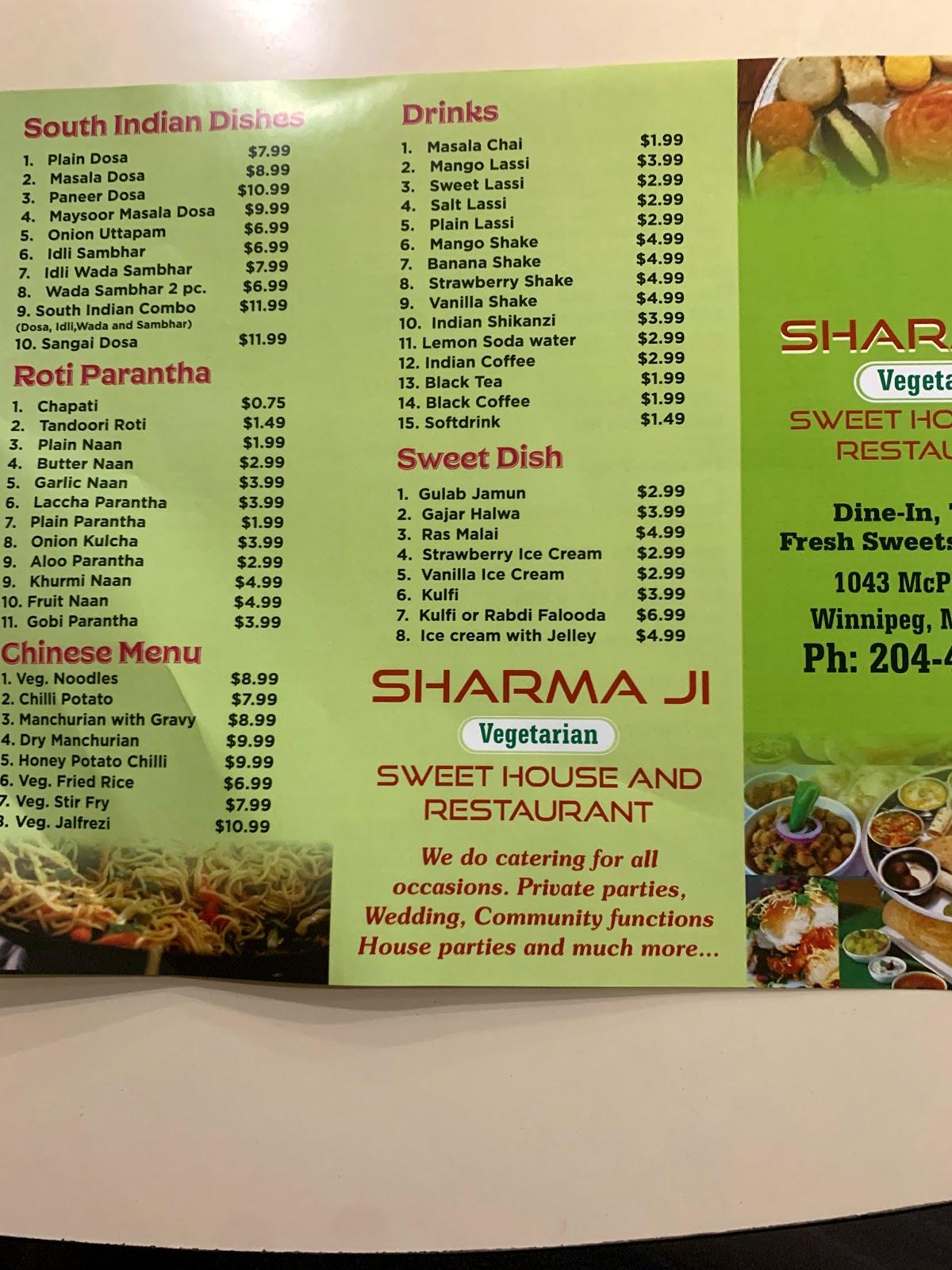 Menu at Sharma Ji Sweet House and Restaurant, Winnipeg