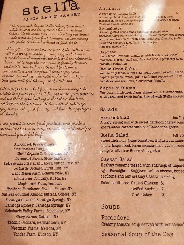 Menu at stella pasta bar, East Glenville