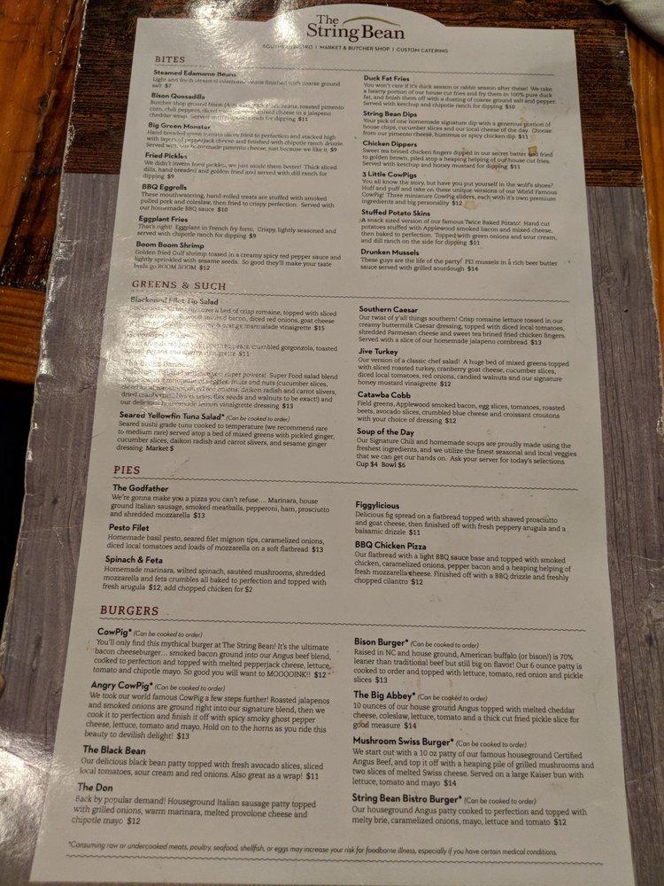 Menu at The String Bean restaurant, Belmont
