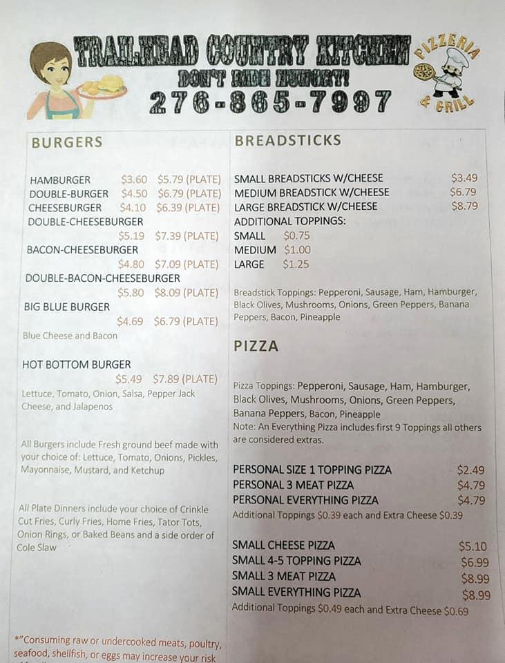 Menu at Trailhead Country Kitchen restaurant, Haysi, Dickenson Hwy