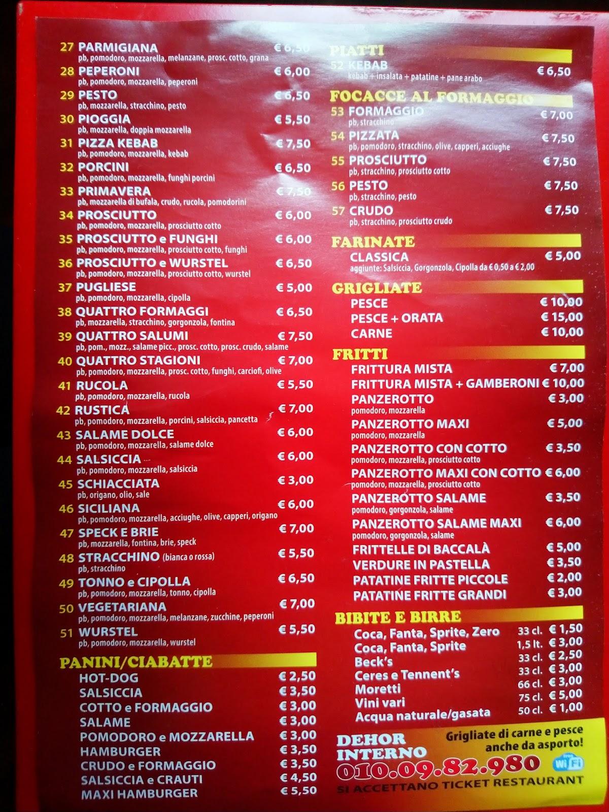 Menu at "Le 3 Stazioni" Street Food Pizzeria, Genoa