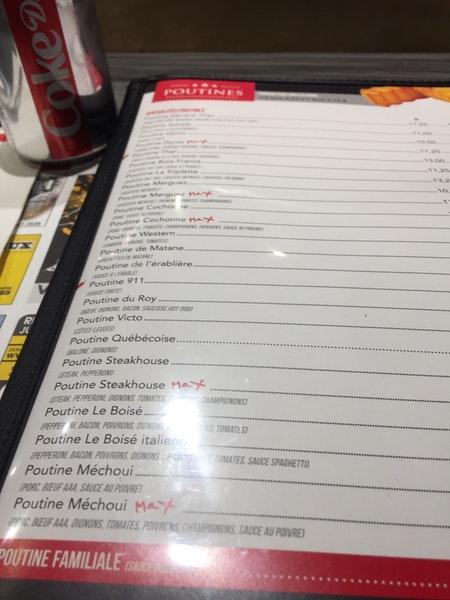 Menu at Max Poutine restaurant, Victoriaville