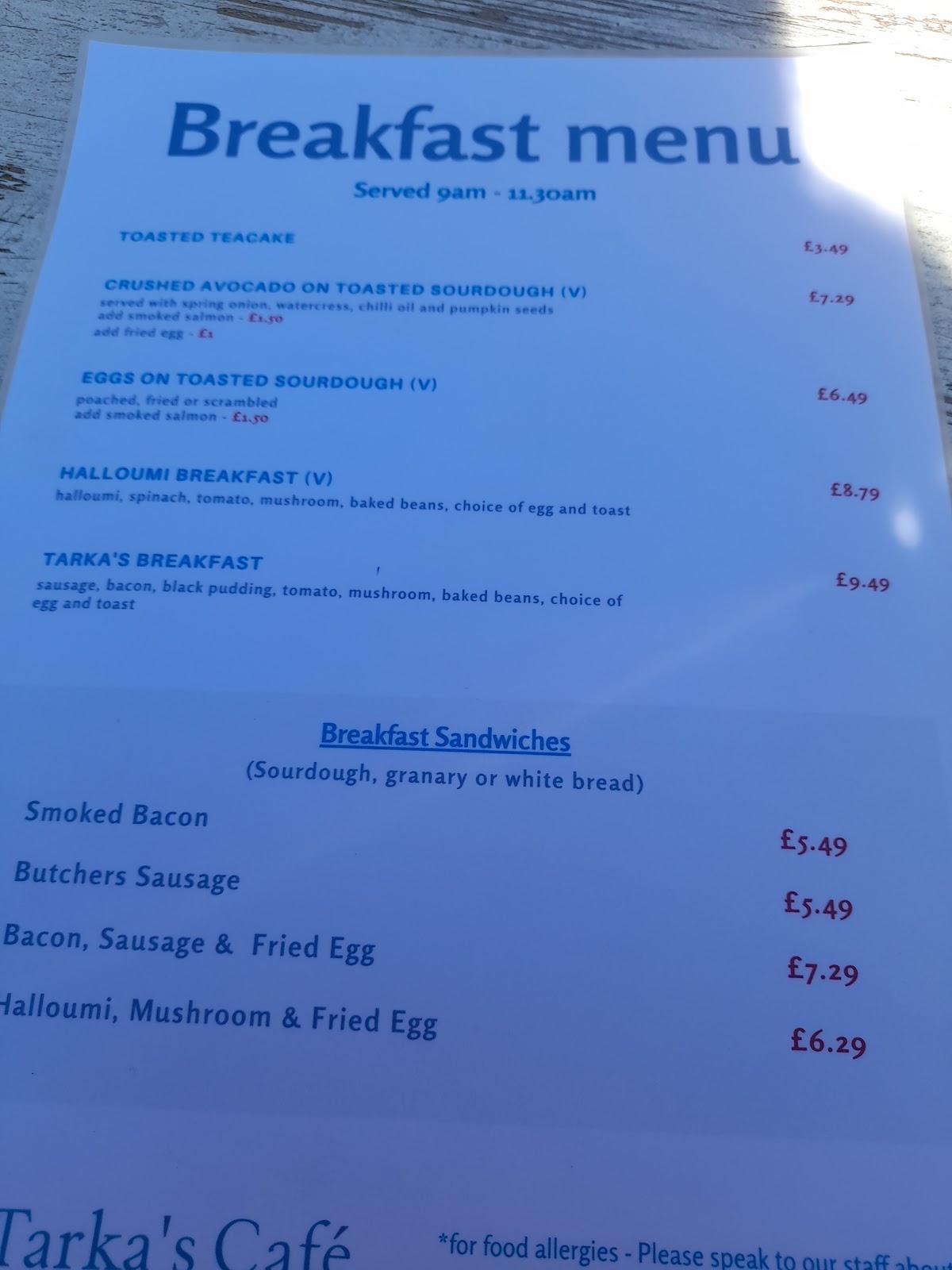 Menu at Tarka's Café cafe, England
