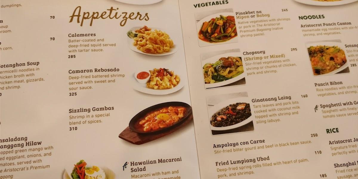 Menu at The Aristocrat Restaurant, Manila, 1004 San Andres St