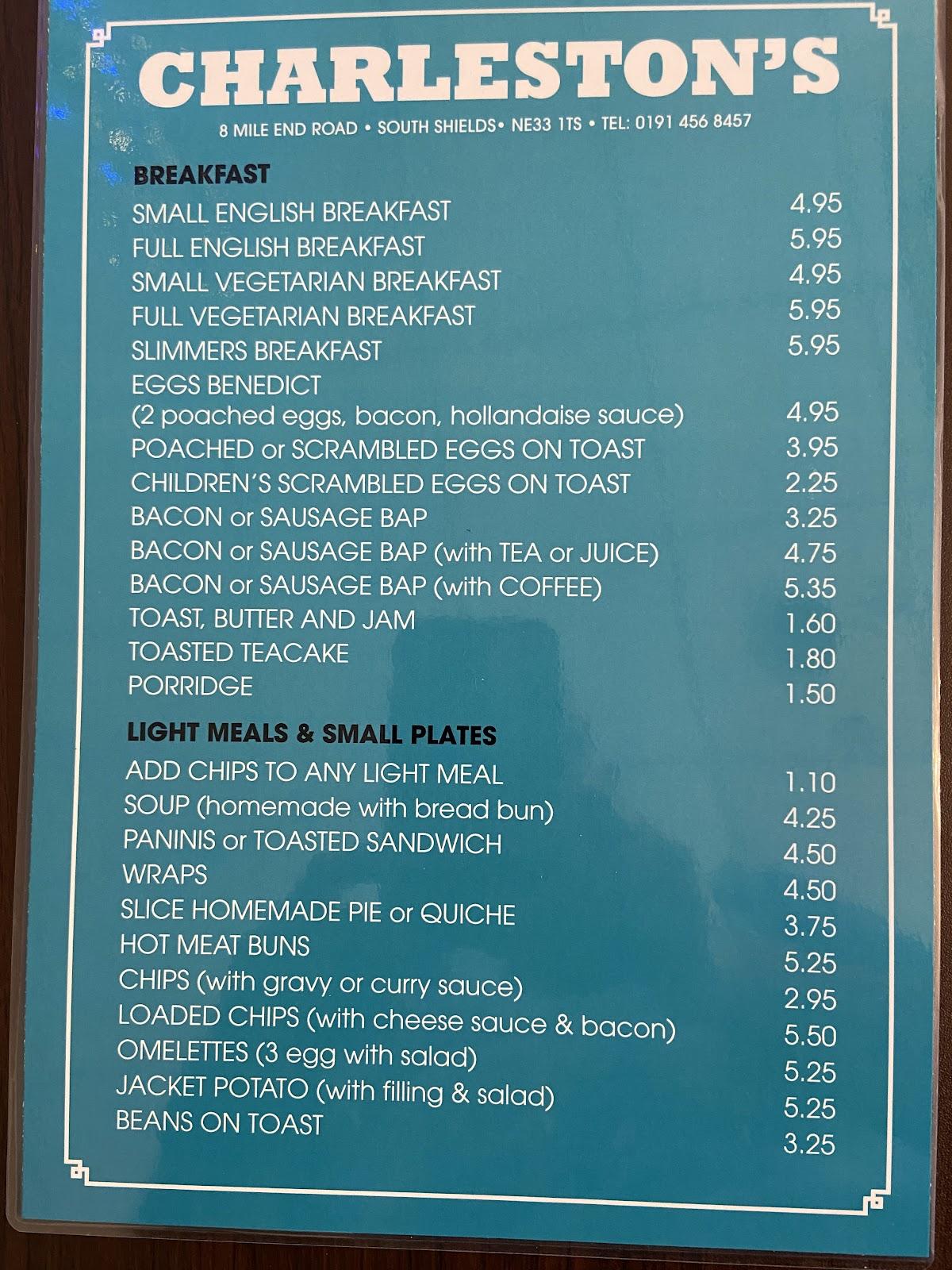 Menu at Charleston's Coffee House, South Shields