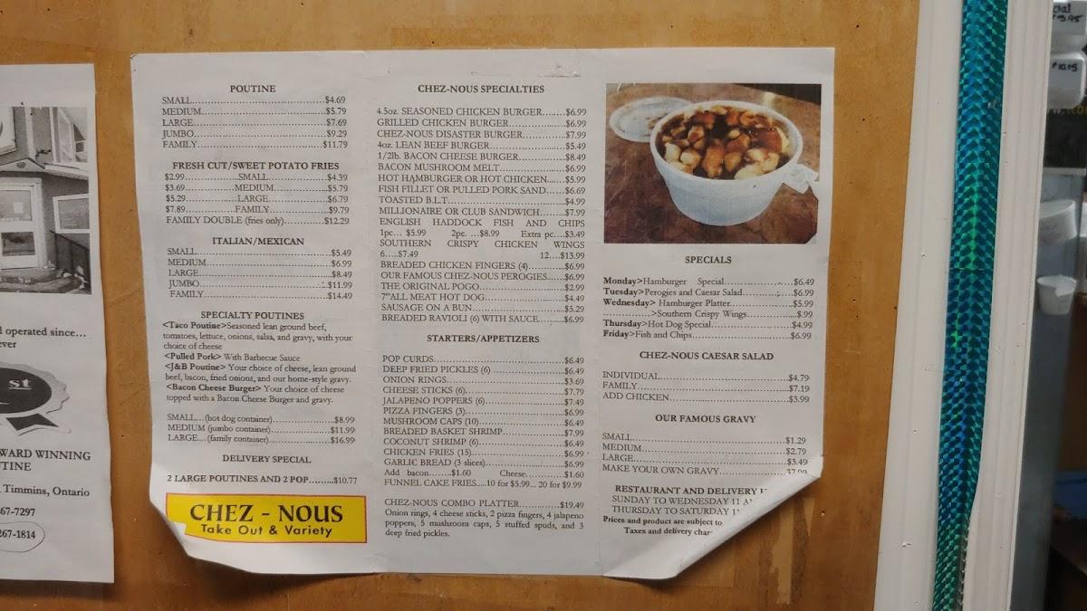Menu at Chez-Nous Take Out fast food, Timmins