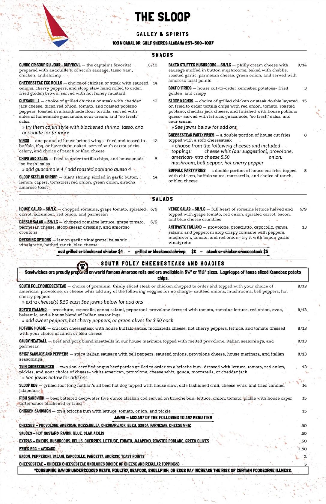 Menu at The Sloop pub & bar, Gulf Shores