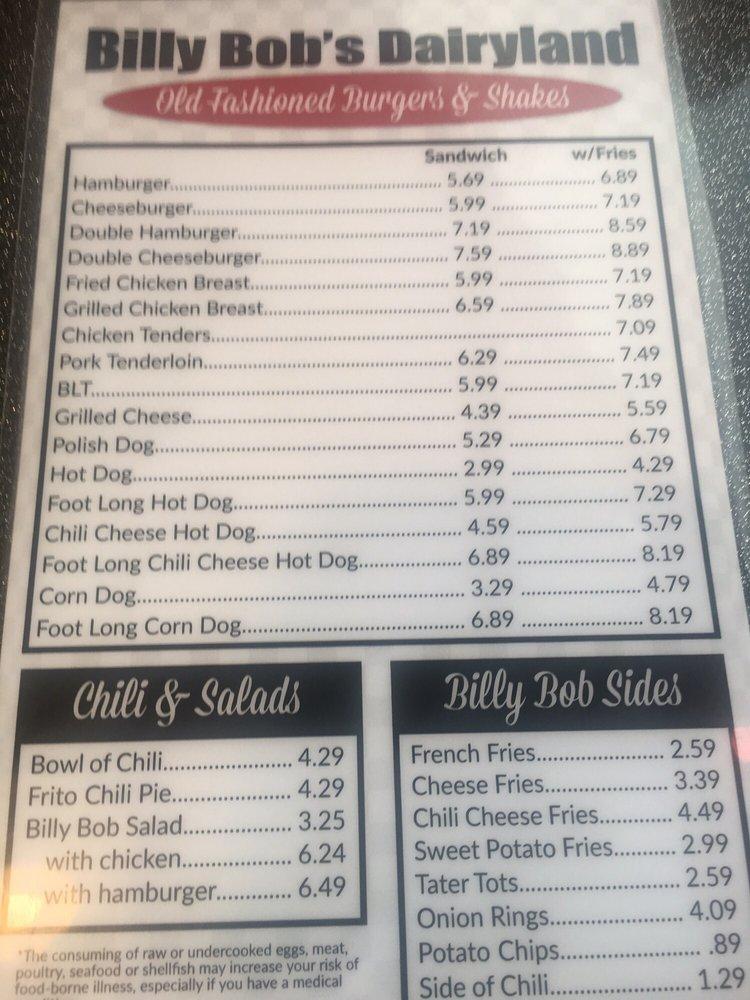 Menu at Billy Bob's Dairy Land restaurant, Branson, W 76 Country Blvd