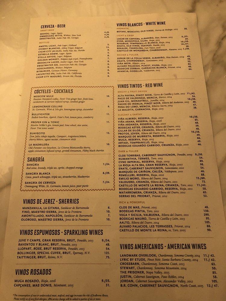 Menu at Bulla Gastrobar, Atlanta