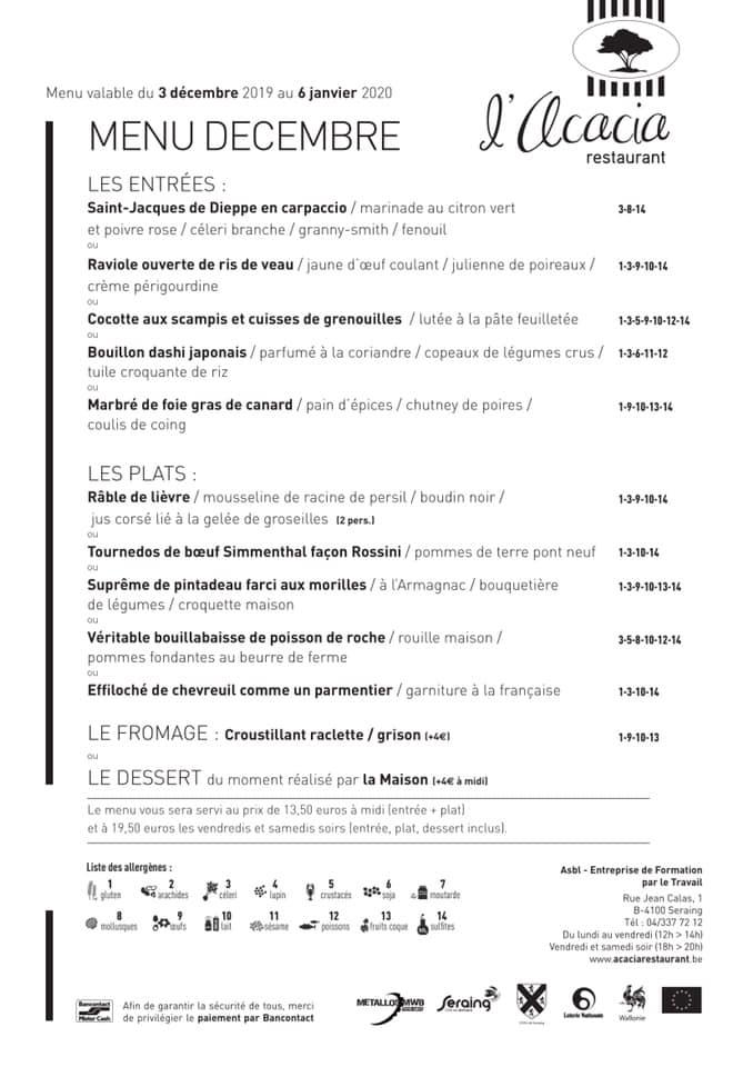 Menu au L'Acacia - Centre de formation HoReCa, Seraing