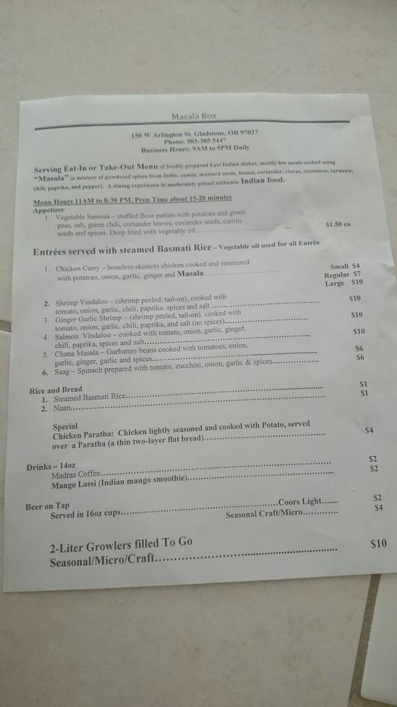 Menu at Masala Box restaurant, Gladstone