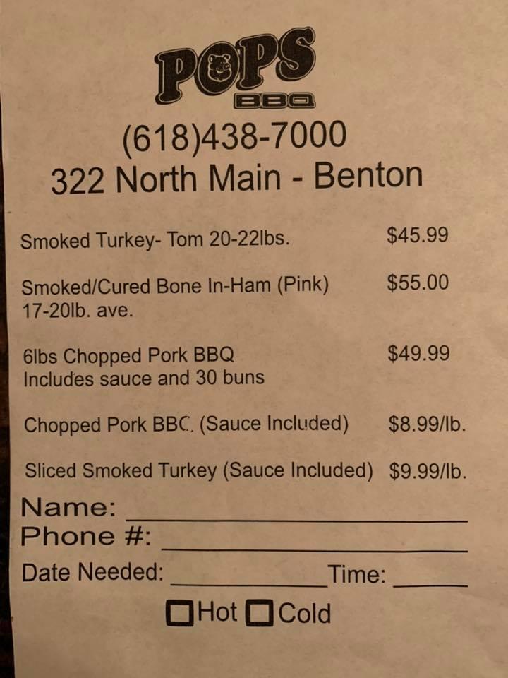 Menu at Pop's BBQ, Benton