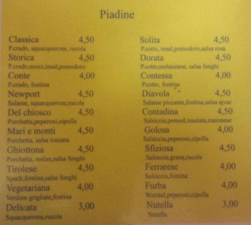 Menu at Al Chiosco piadineria la sosta, Gorizia