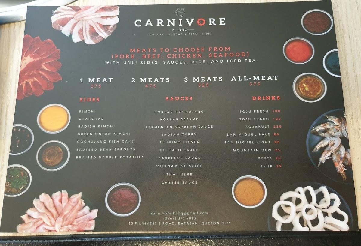 Menu at Carnivore restaurant, Quezon City