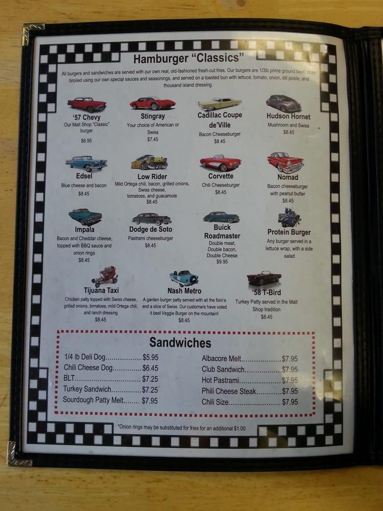 Menu at Cedar Glen Malt Shop restaurant, Lake Arrowhead