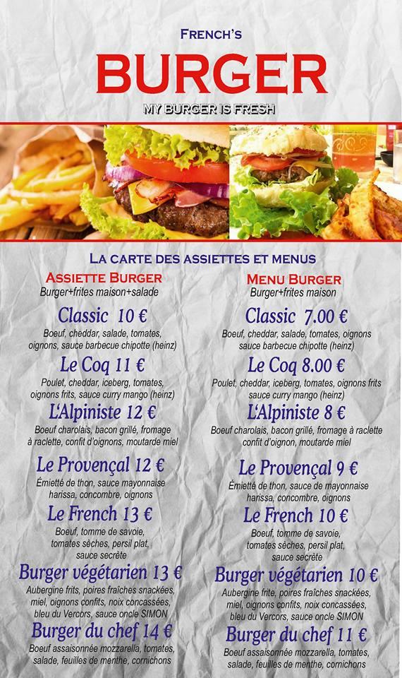 Menu at French’s Burger restaurant, Grenoble