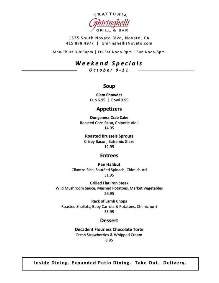 Menu at Ghiringhelli's Event Venue pub & bar, Novato