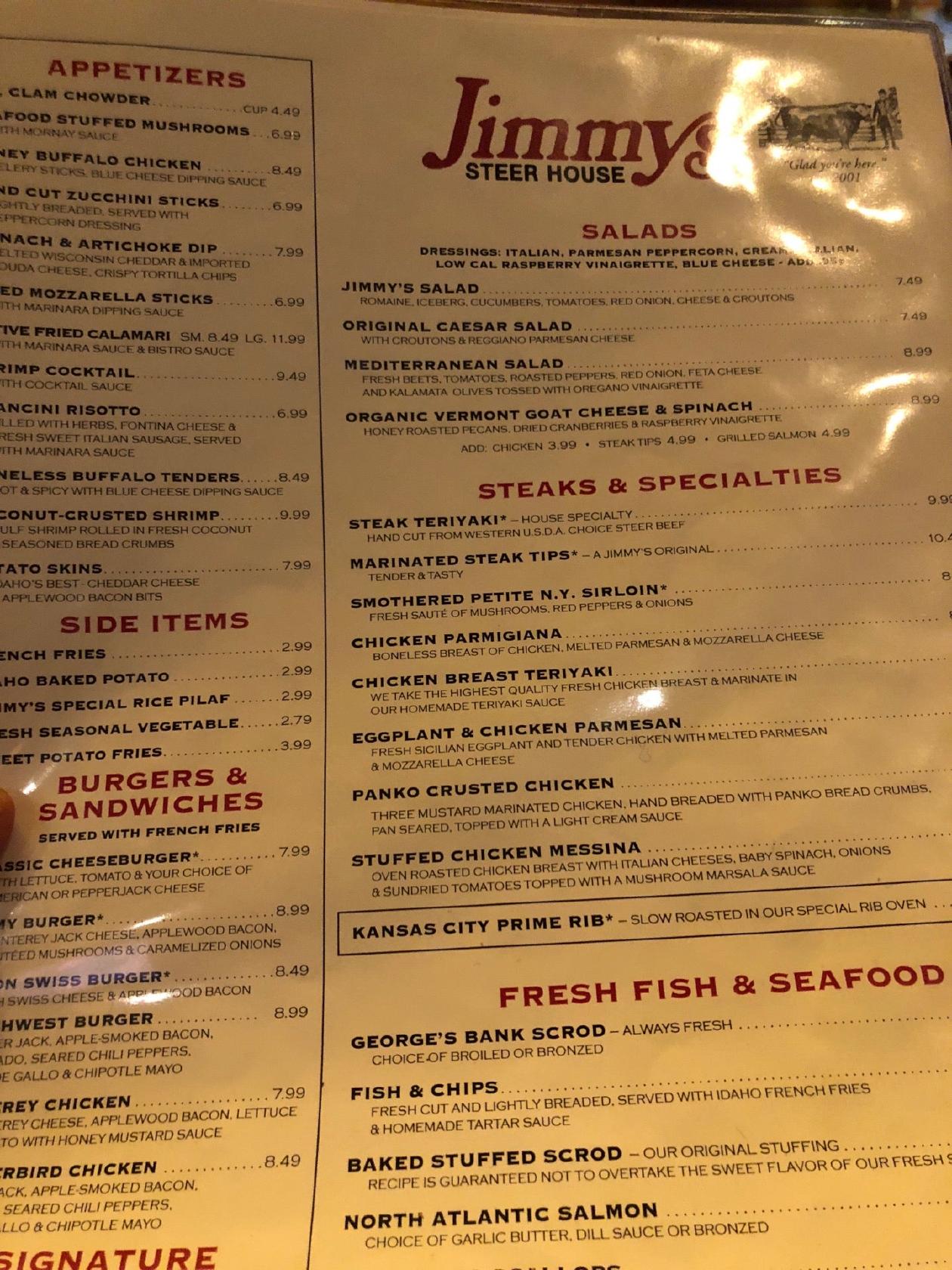 Menu at Jimmy's Steer House steakhouse, Saugus, 114 Broadway