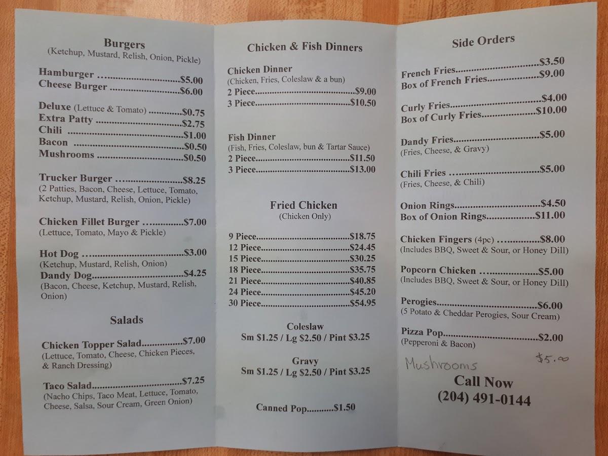 Menu at Joe Dandy's Drive-In restaurant, Oak Lake