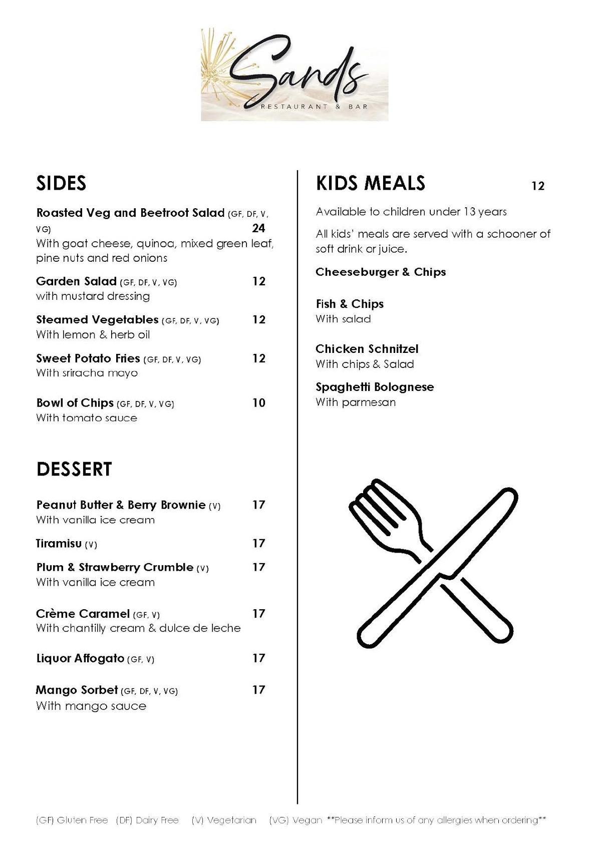 Menu at Kimberley Sands Resort restaurant, Cable Beach