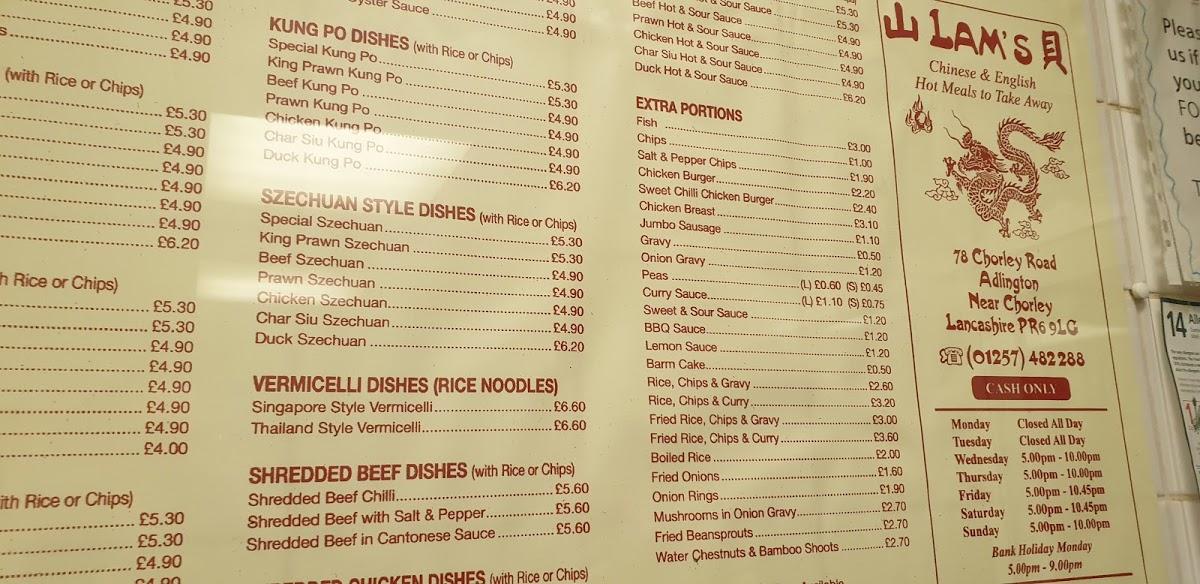 Menu at Lam's Chinese Takeaway fast food, Chorley