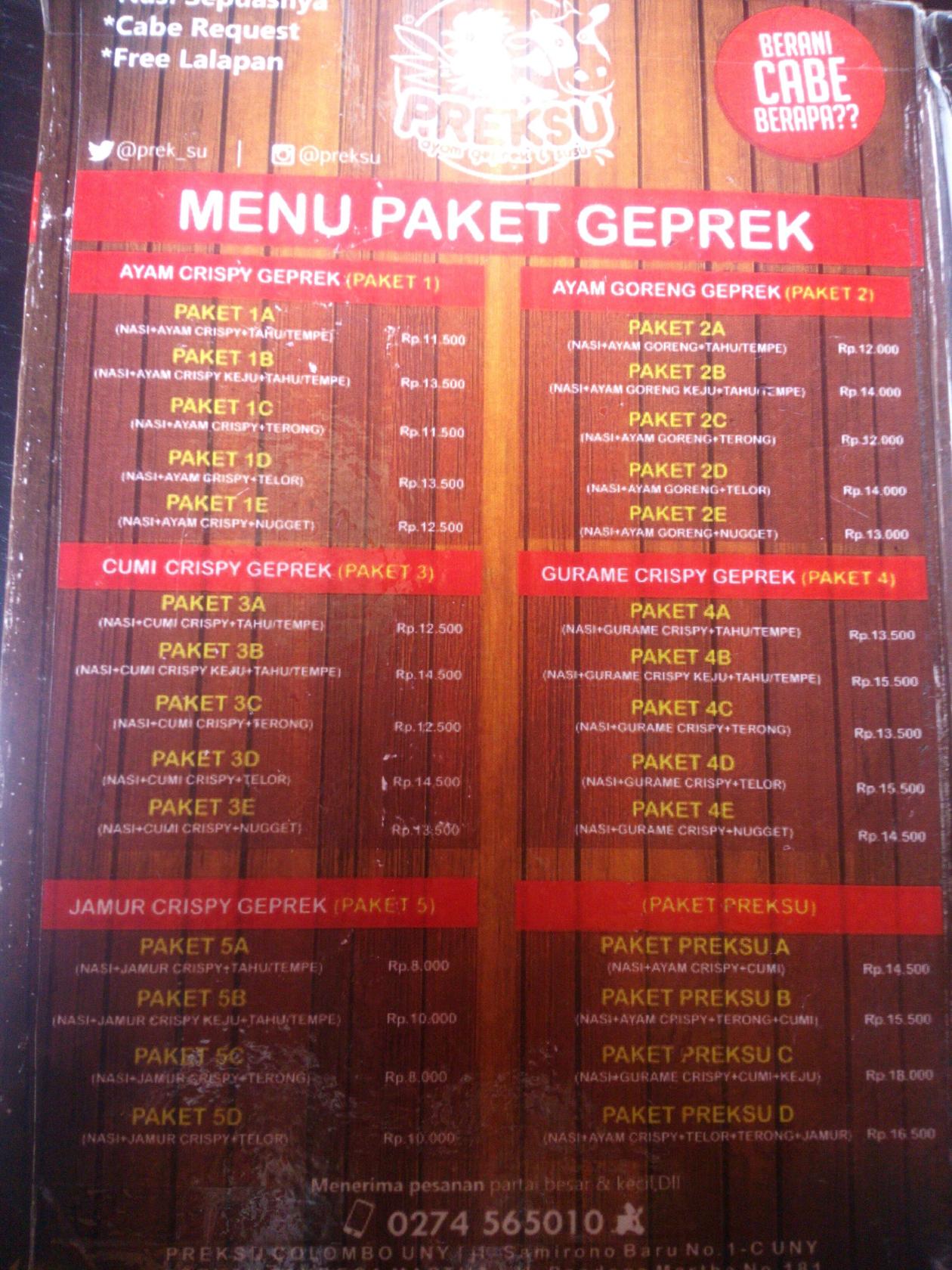 Menu at Ayam Geprek Mbakyuu restaurant, Yogyakarta, Jl. Flamboyan No.88